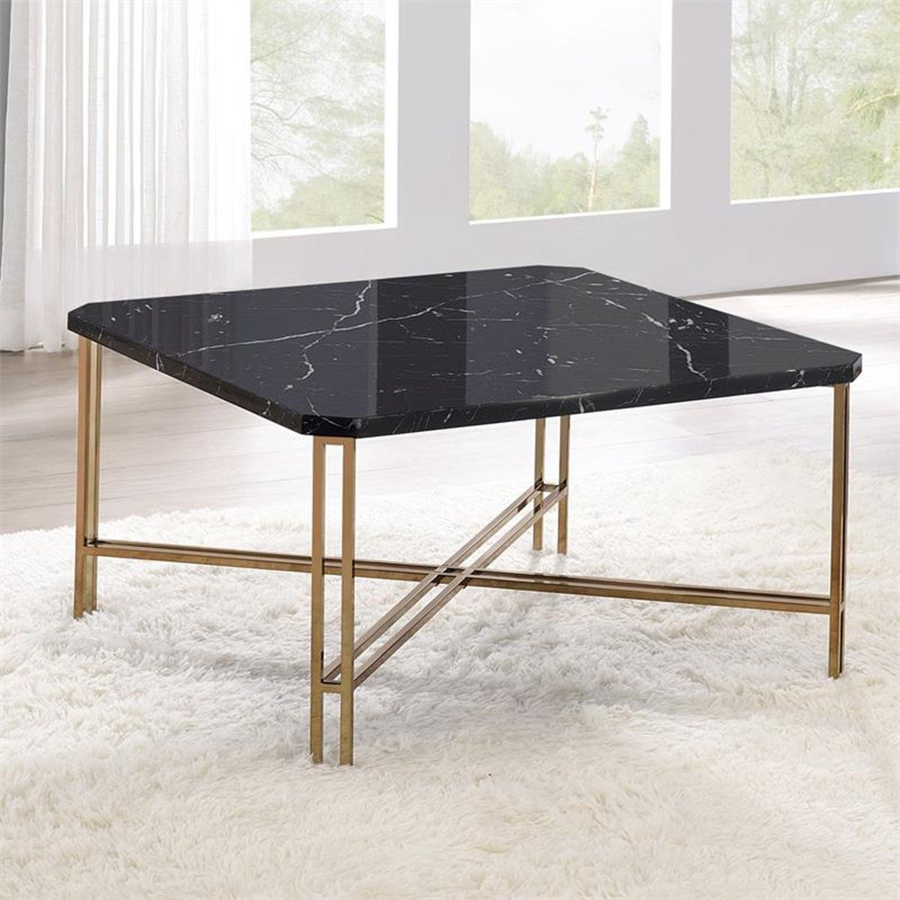 Bowery Hill Transitional Faux Marble Square Cocktail Table in Black ...