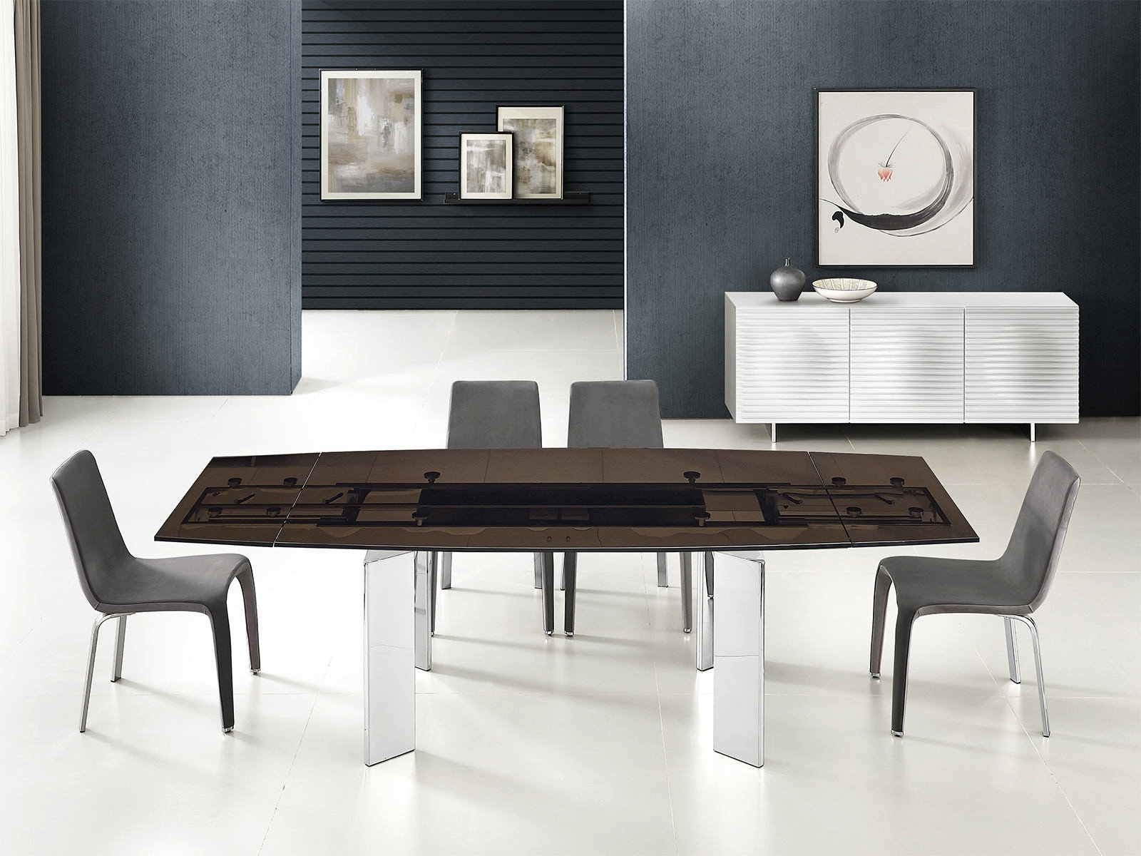 Astor Extendable Dining Table with Stainless Base and Smoked Top ...