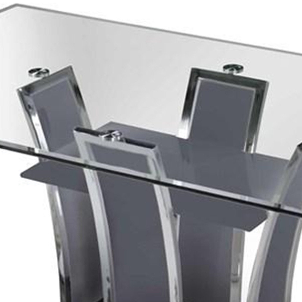 Wooden Dining Table With Pedestal Base and Chrome Trim Details, Gray ...
