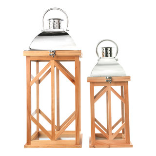 Square Wood Lantern with Silver Metal Fliptop and Handle Natural Brown ...