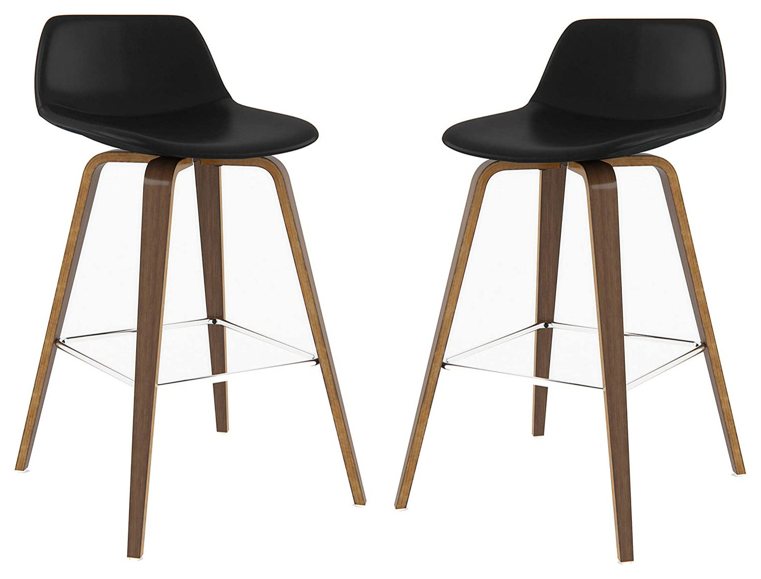 Set of 2 Mid-Century Bar Stools with Curved PU Leather Seat and ...