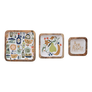 Enameled Mango Wood Trays With Kitchenware Pattern, Multicolor, Set of ...