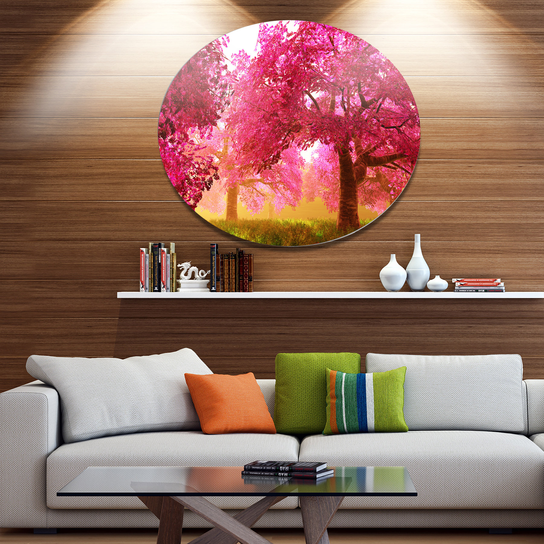 Mysterious Red Cherry Blossoms, Landscape Large Disc Metal Artwork ...