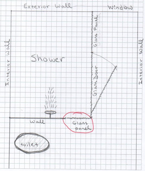 Shower head on wall that is part frameless glass panel?