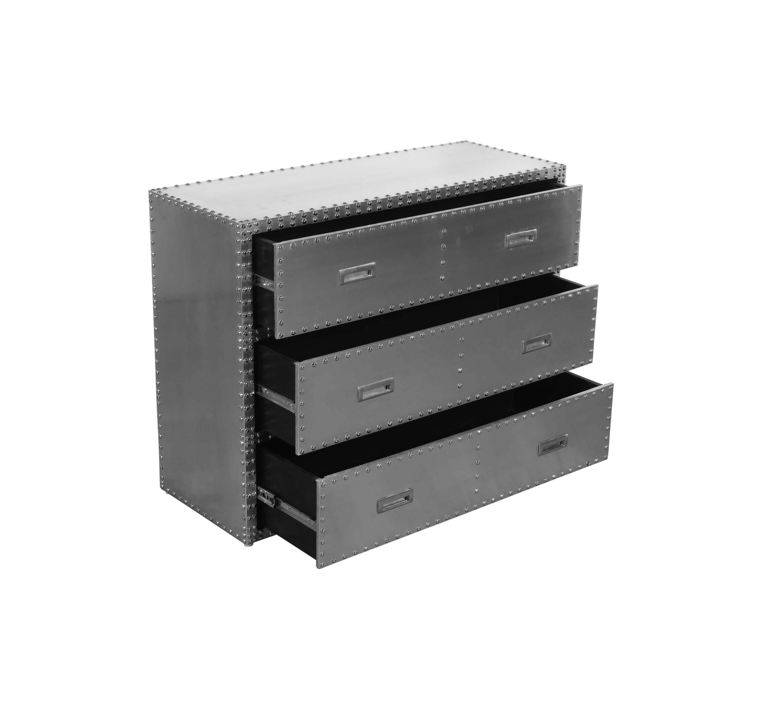 Pilot 3-Drawer Chest with Silver Aluminum Cladding and Decorative Nails ...
