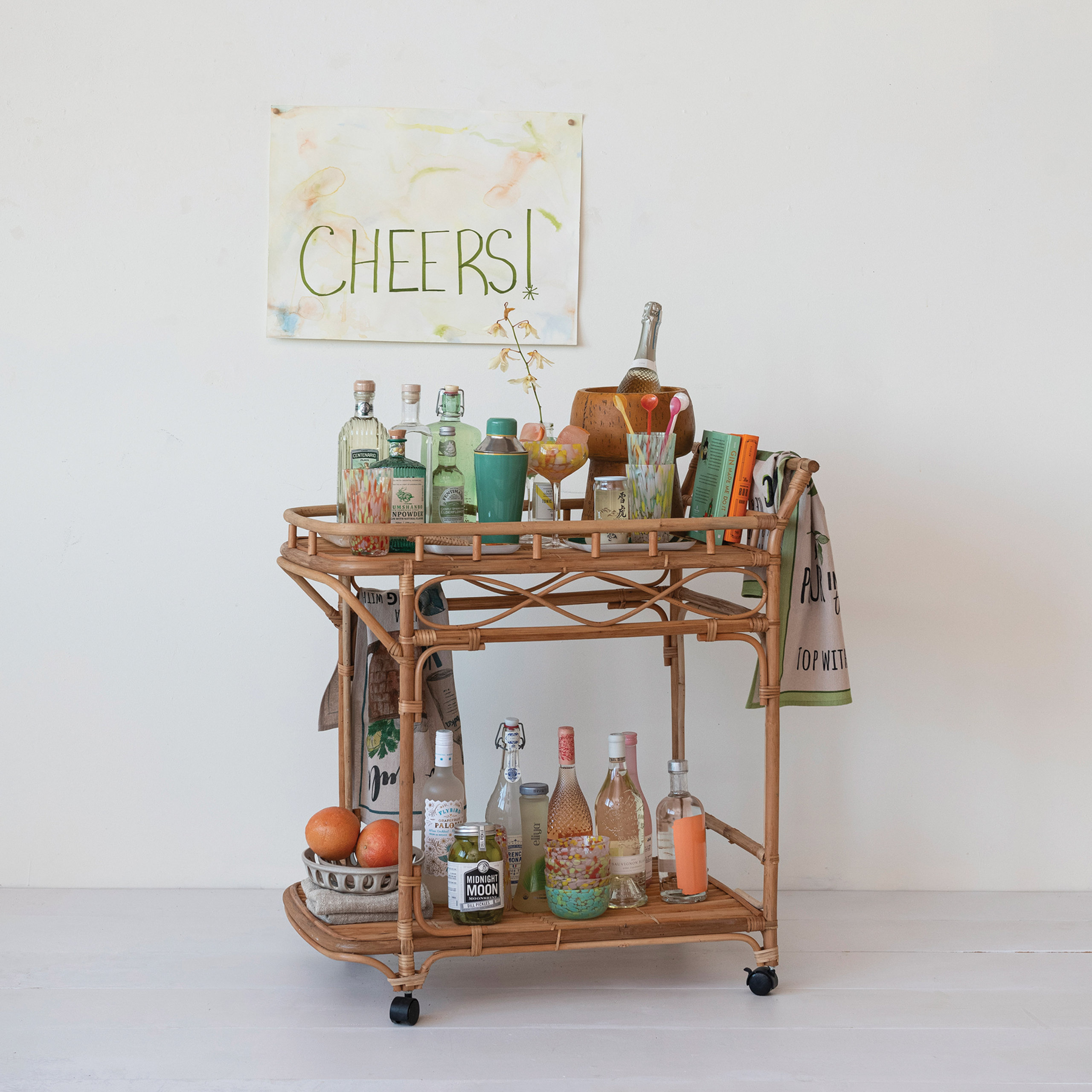Hand-Woven Rattan 2-Tier Bar Cart on Wheels, Natural - Tropical - Bar ...