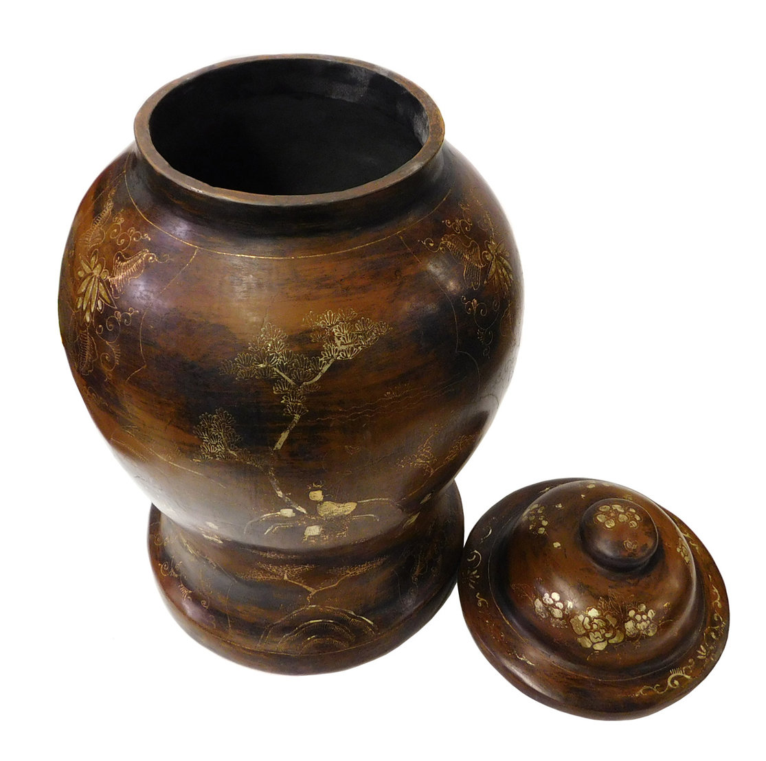 Chinese Distressed Brown Lacquer Golden Scenery Fat Jar - Asian ...