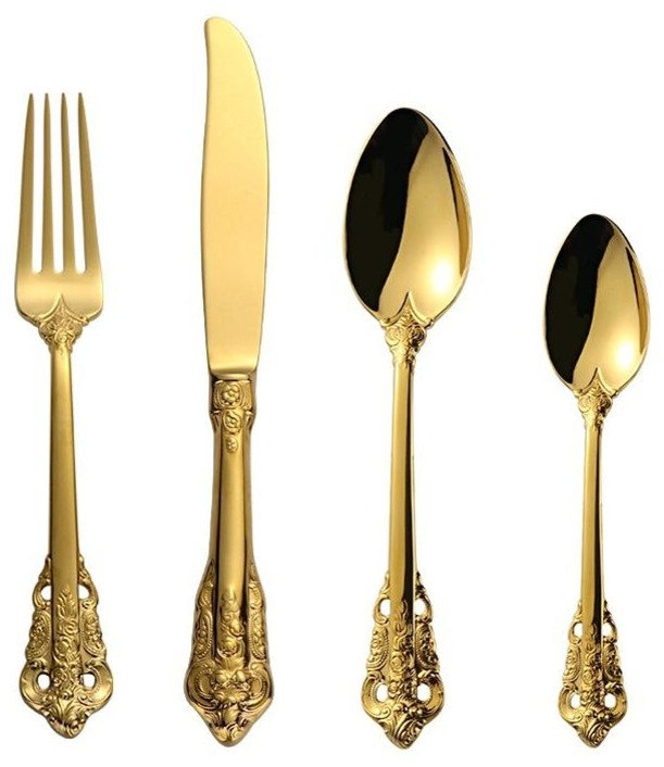 24-Piece Vintage 18K Gold Plated Stainless Steel Silverware Set, 6 ...