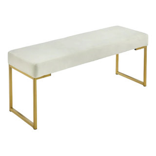 Modern Glam Velvet Bench with Gold Legs and Plush White Upholstery ...