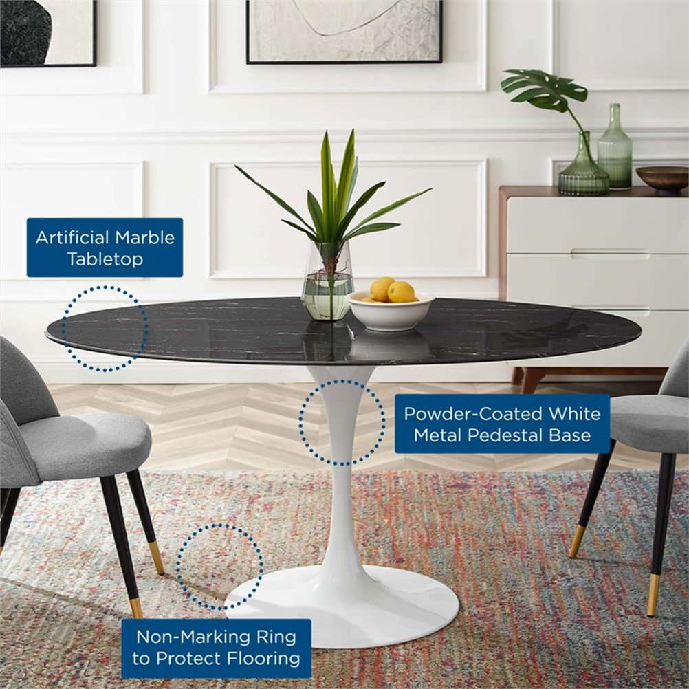 Modway Lippa 60" Oval Metal & Artificial Marble Dining Table in Black ...