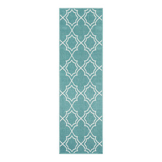 Alfresco Trellis Teal, White Area Rug, 2'3" x 11'9" Runner ...