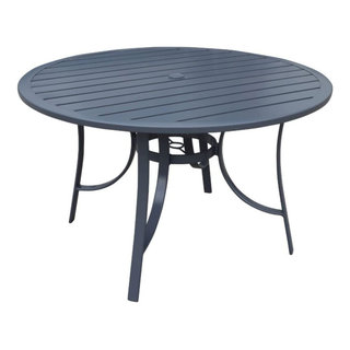 Round Patio Dining Table, Curve Legs & Slatted Top With Umbrella Hole ...
