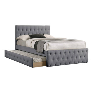 Nek Wood Twin Size Upholstered Bed With Trundle, Tufted Gray Burlap ...