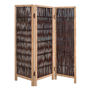 Transitional 3 Panel Wooden Screen with Weaved Design, Brown - Rustic ...