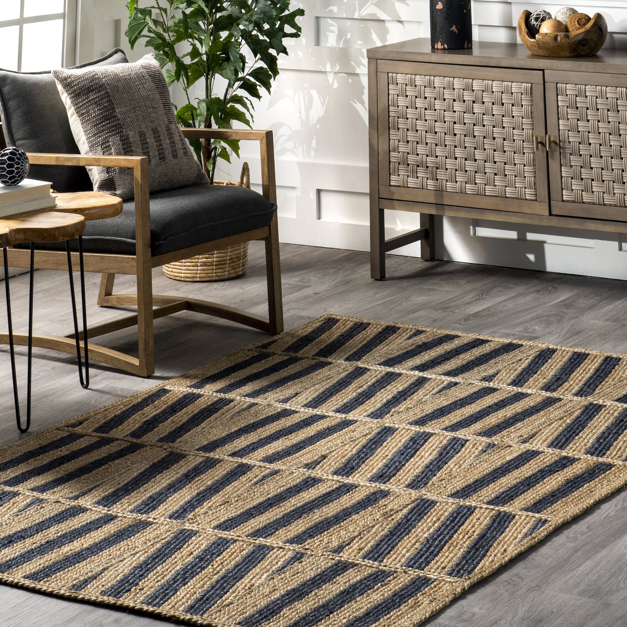 Nuloom Nalle Tilted Stripes Jute Rug, Blue, 8' x 10' - Beach Style ...
