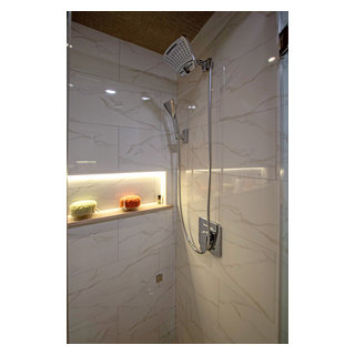 Spa Bath with Tile Steam Shower, Walnut Cabinetry and Solid Surface ...