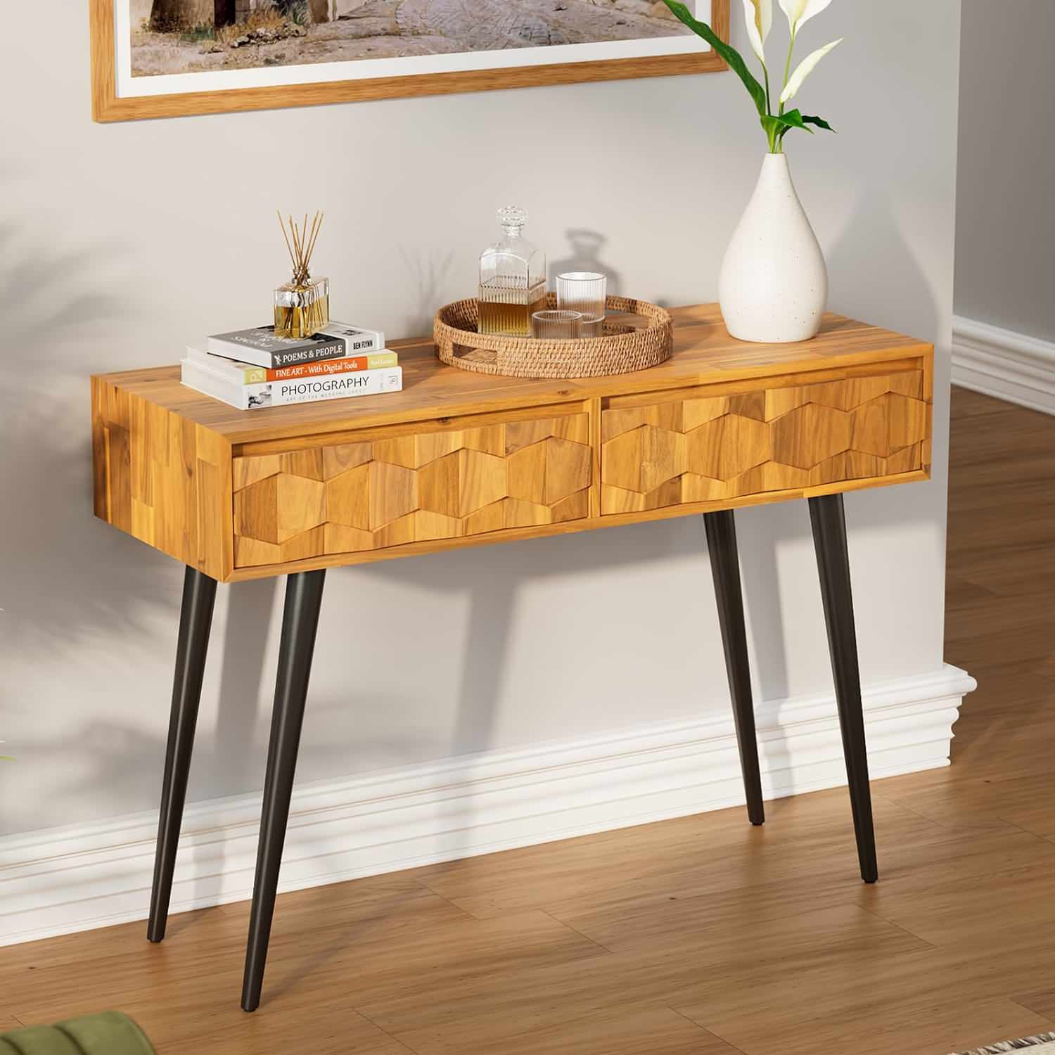 Modern Console Table, Sleek Angled Legs & Geometric Accented Drawers ...
