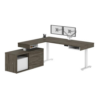 Height Adjustable L-Desk with Dual Monitor Arm in Walnut Grey & White ...
