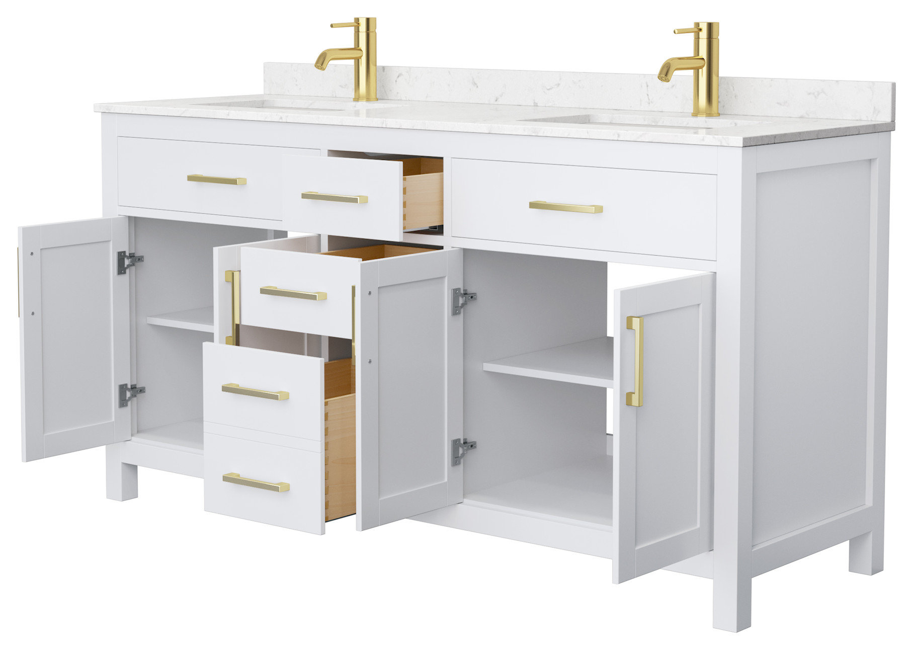 Beckett 66" Double Vanity, White, Carrara Cultured Marble Top, Gold ...