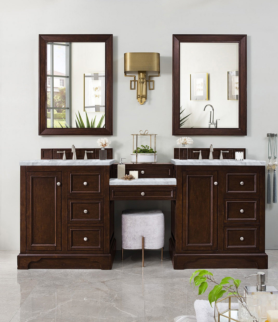 De Soto 82" Double Vanity Set Mahogany w/Makeup Table 3 CM Carrara ...