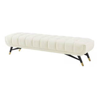 Ivory Tufted Velvet Bench with Gold Capped Legs, Retro Modern ...