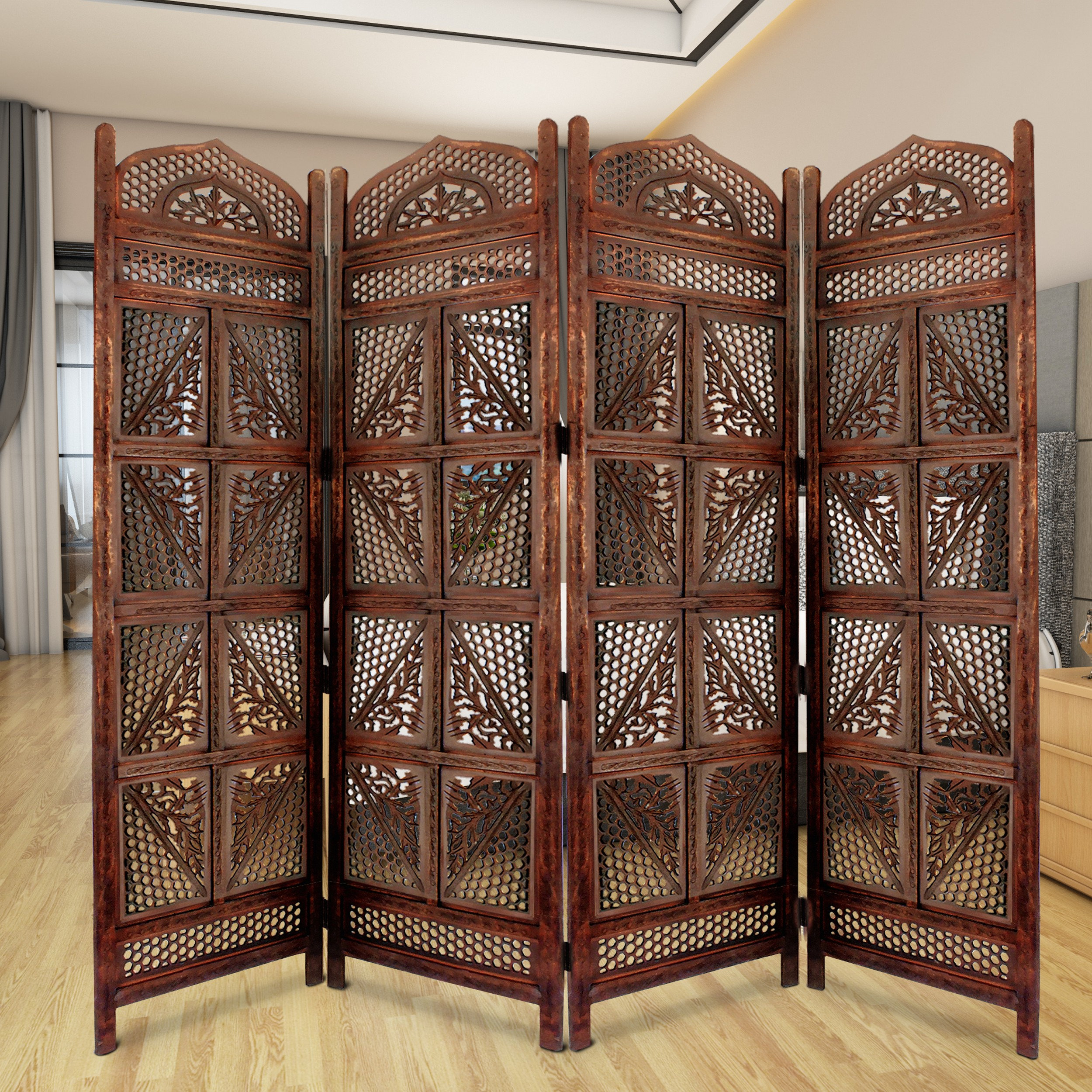 Traditional 4 Panel Wooden Room Divider With Hand Carved Details ...