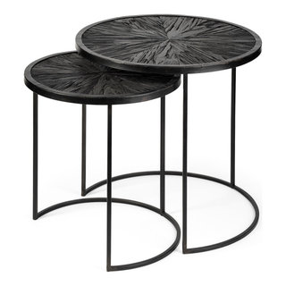 Chakra Dark Brown Solid Wood w/ Black Metal Frame Round Accent Tables ...