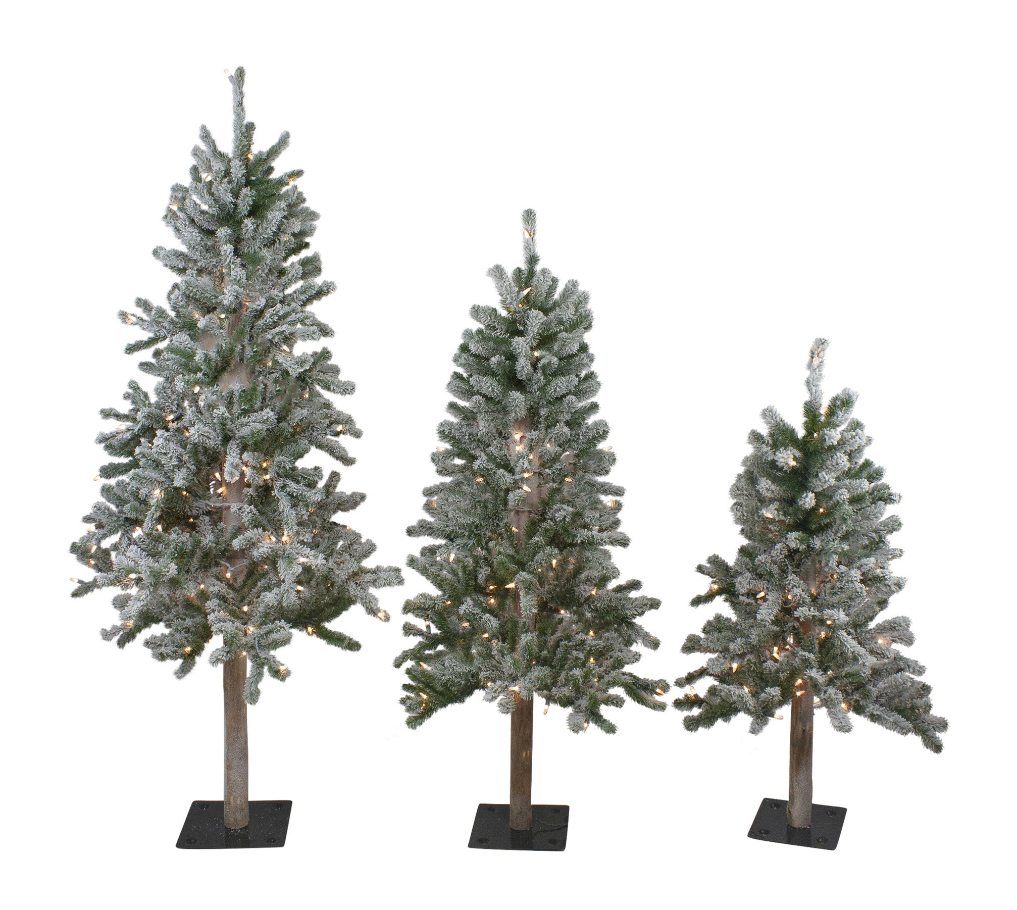 Set of 3 Pre-Lit Flocked Alpine Christmas Trees, Clear Lights ...
