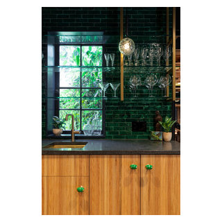 A closeup of the Tile and Fluted Cabinet Fronts - Eclectic - Home Bar ...