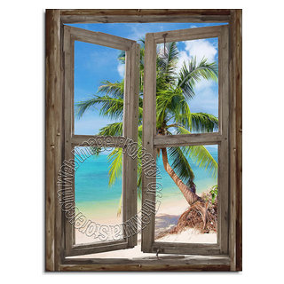 Beach Cabin Window Mural #4 One Piece Peel & Stick CANVAS Wall Mural ...