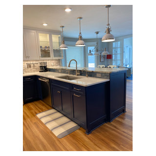 Blue Cabinets Split Level Kitchen Island - Beach Style - Kitchen ...