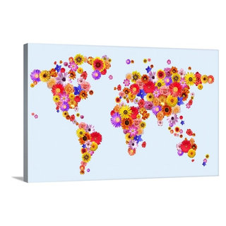 Flower World Map Wrapped Canvas Art Print, 30"x20" - Contemporary ...