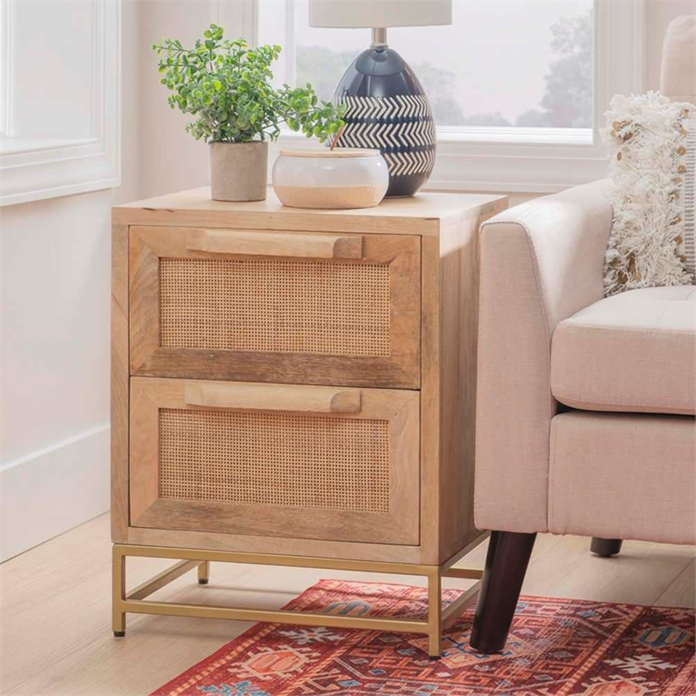 Linon Josie Wood 2 Drawer Side Table Cane Detailing Gold Metal Base in ...