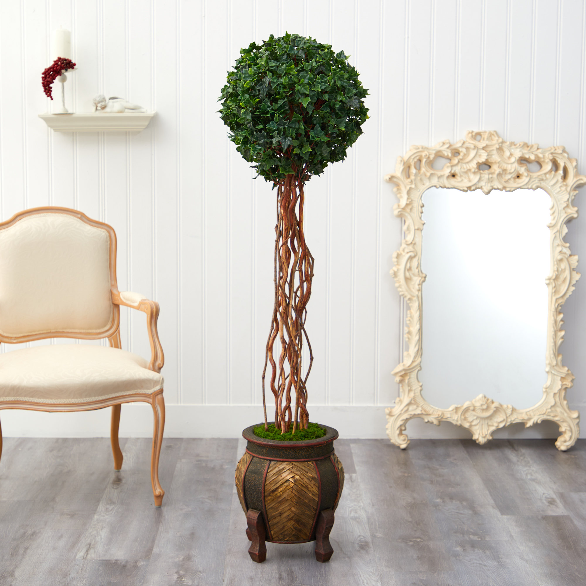 63" English Ivy Single Ball Faux Topiary Tree, Decorative Planter ...