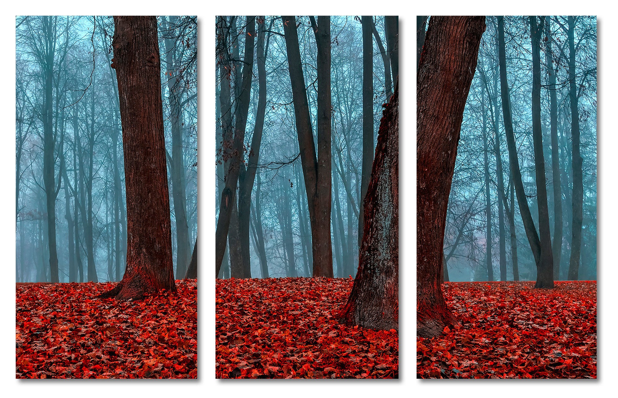 Red Forest, Blue Hue Mist Canvas Print 3 Panel Split, Triptych Wall Art ...