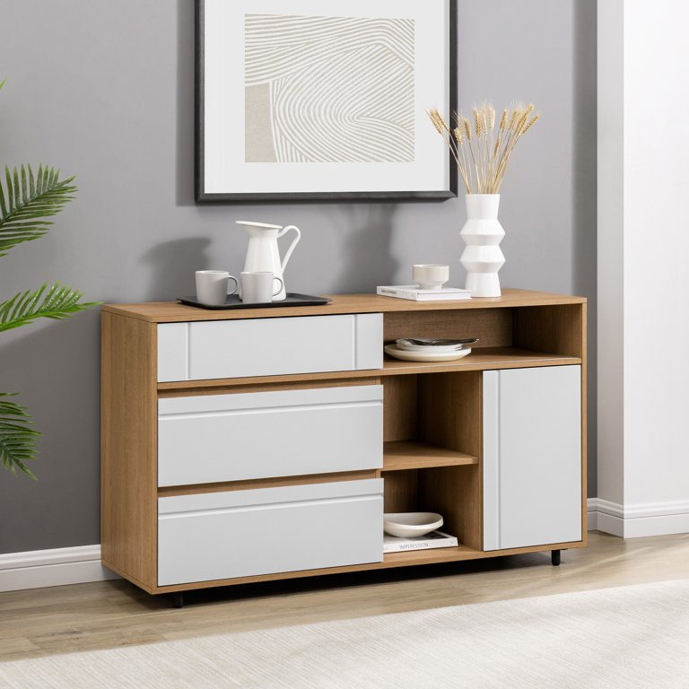 Contemporary Sideboard, Multiple Storage Drawers & Open Cubbies, White ...
