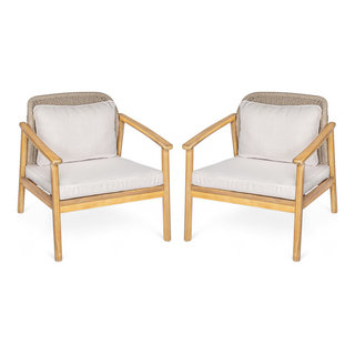 Lindero Outdoor Acacia Wood Patio Club Chair, Rope Backrest, Set of 2 ...