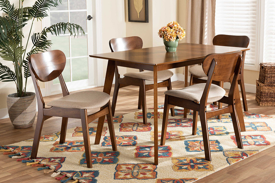 Kobell Mid-Century Modern Sand Fabric and Walnut Wood 5-Piece Dining ...