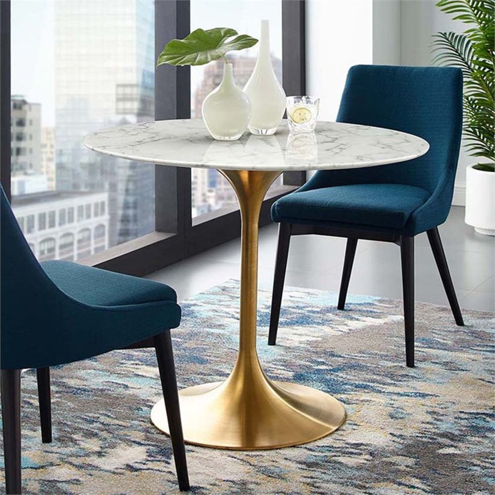 Modway Lippa 36" Round Faux Marble & Metal Dining Table in Gold and ...