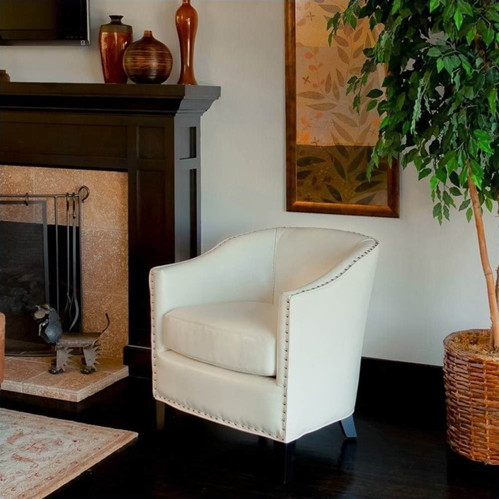 Noble House Jeremy Leather Club Barrel Chair in Ivory - Transitional ...