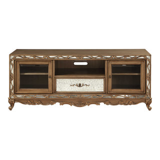 HomeRoots 20" X 72" X 28" Antique Gold Wood Glass Mirror TV Stand ...