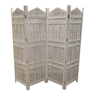 4 Panel Wooden Room Divider Distressed White Aesthetic Carved Design ...