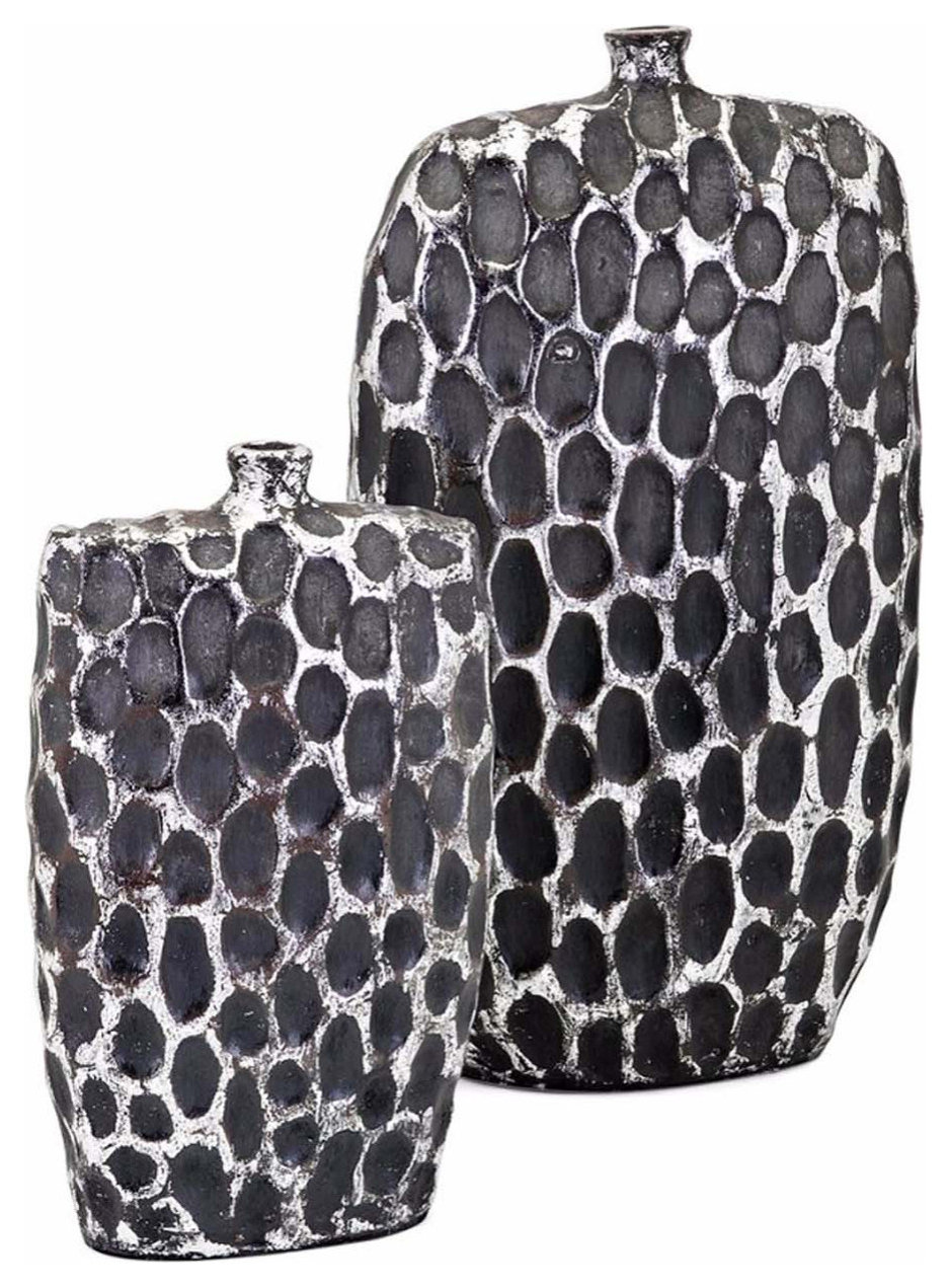 Clay Table Vases with Dimpled Textured Surface, Black and Silver, Set ...