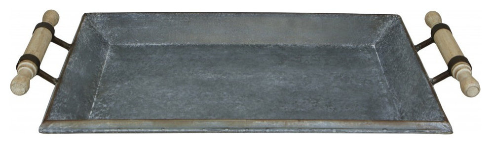 Rustic Galvanized Gray Metal Tray With Rolling Pin Handles - Farmhouse ...