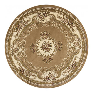 8' Beige Ivory Machine Woven Hand Carved Floral Medallion Round Indoor ...