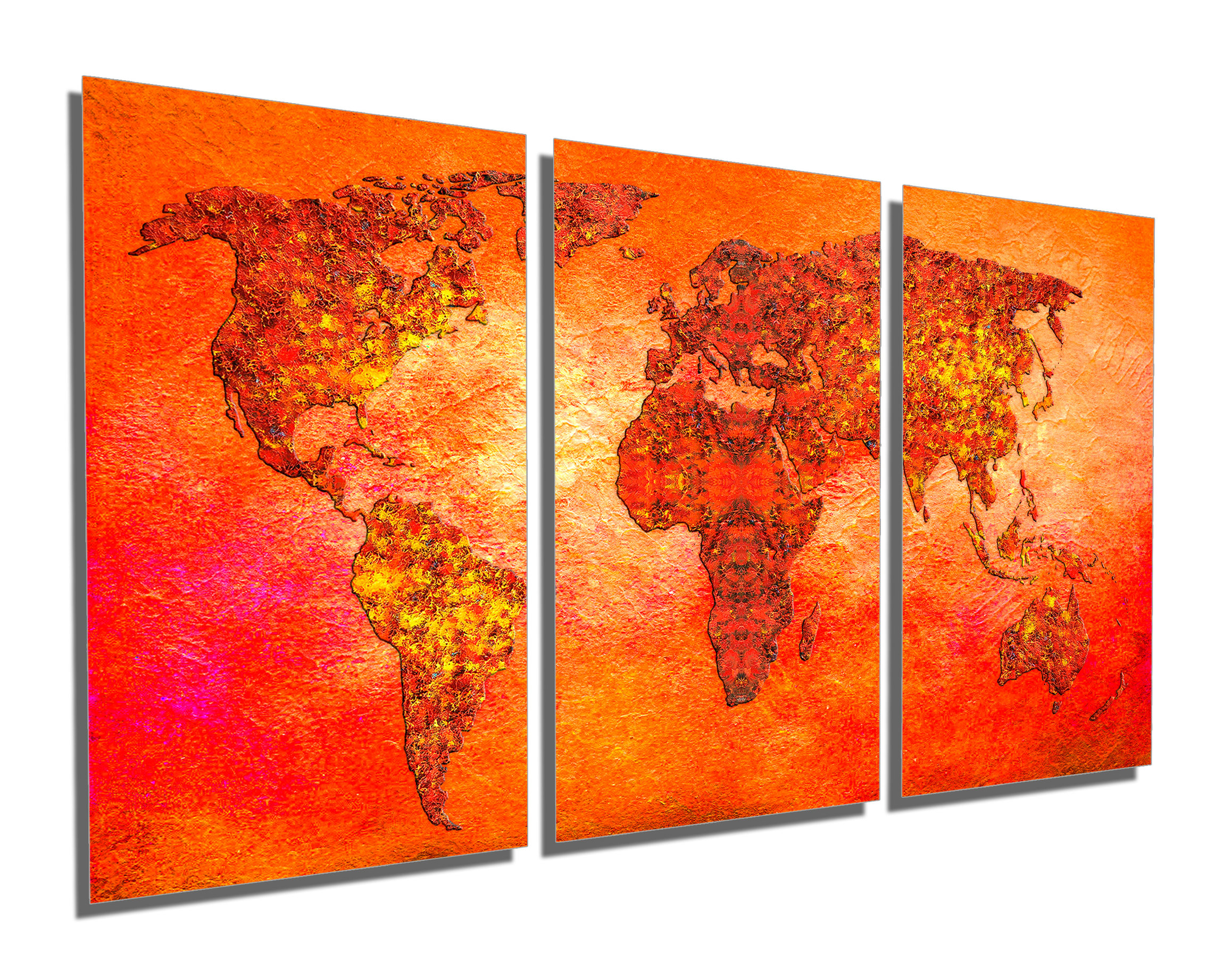 Abstract Orange, Red World Map, Metal Print Wall Art, 3 Panel Split ...