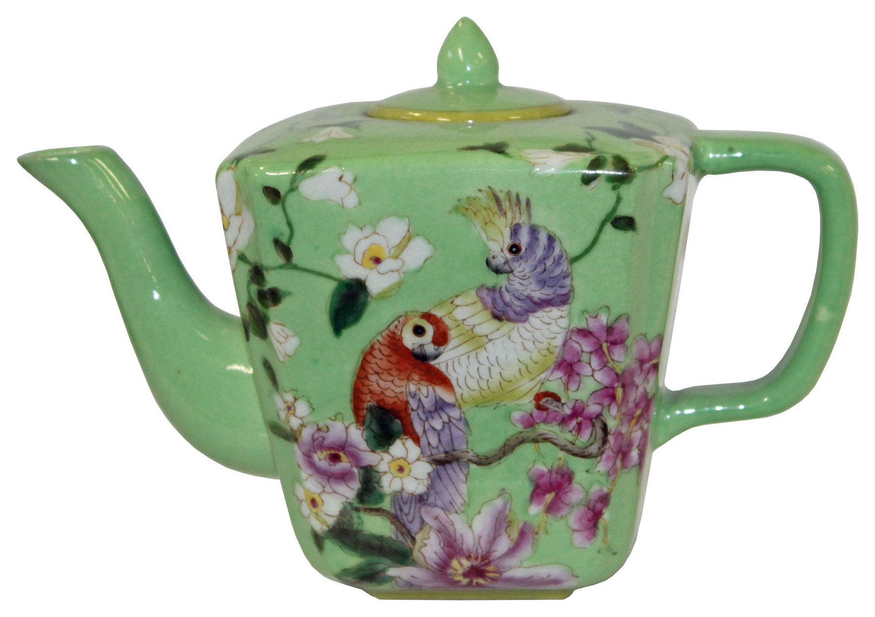 Ceramic Decorative Green Color Teapot With Parrot and Flowers Painting ...