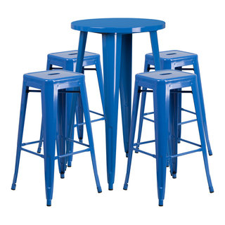 24" Round Blue Metal Bar 5-Piece Table Set With 4 Square Seat Backless ...