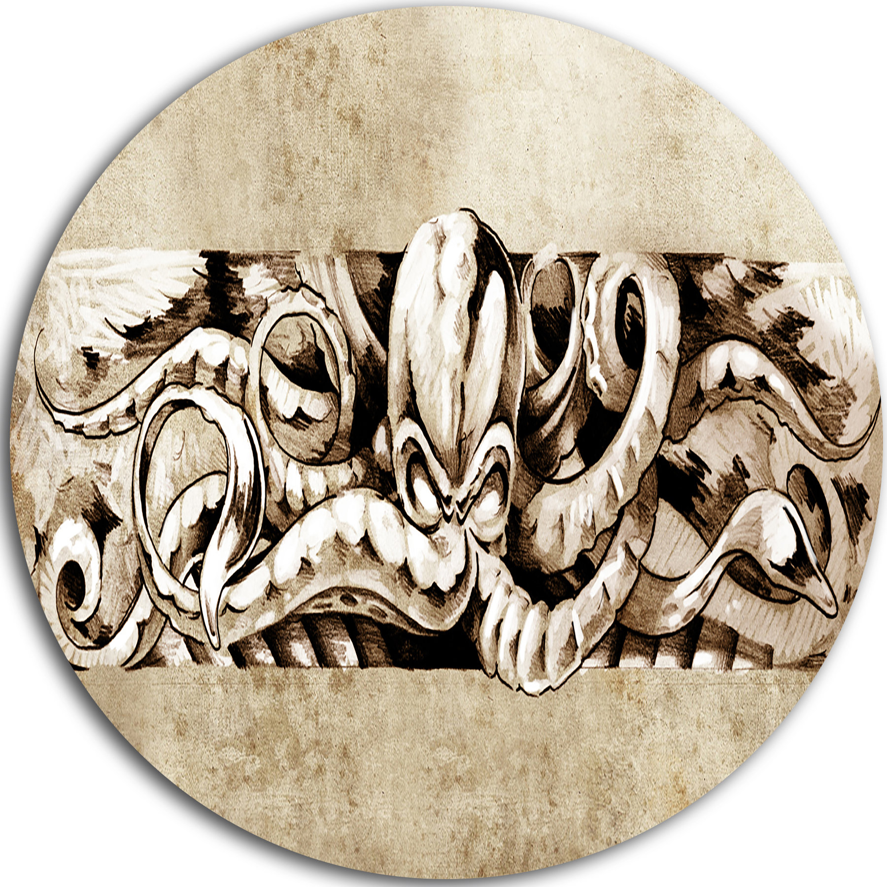 Octopus Sketch In White Shade, Animal Digital Art Round Wall Art, Disc ...