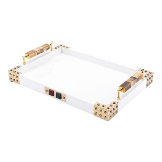 Modern Contemporary Boxe Tray Decor, White Gold, Wood Horn Agate Steel ...